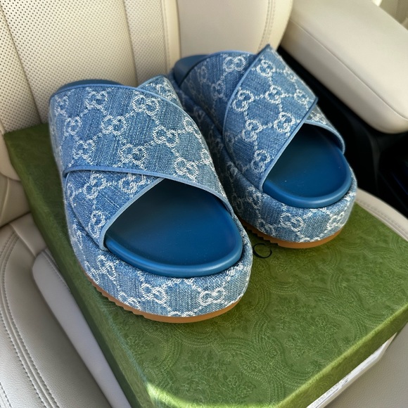 Gucci | Shoes | Gucci Womens Denim Platform Slide Sandals Light Blue Sz ...
